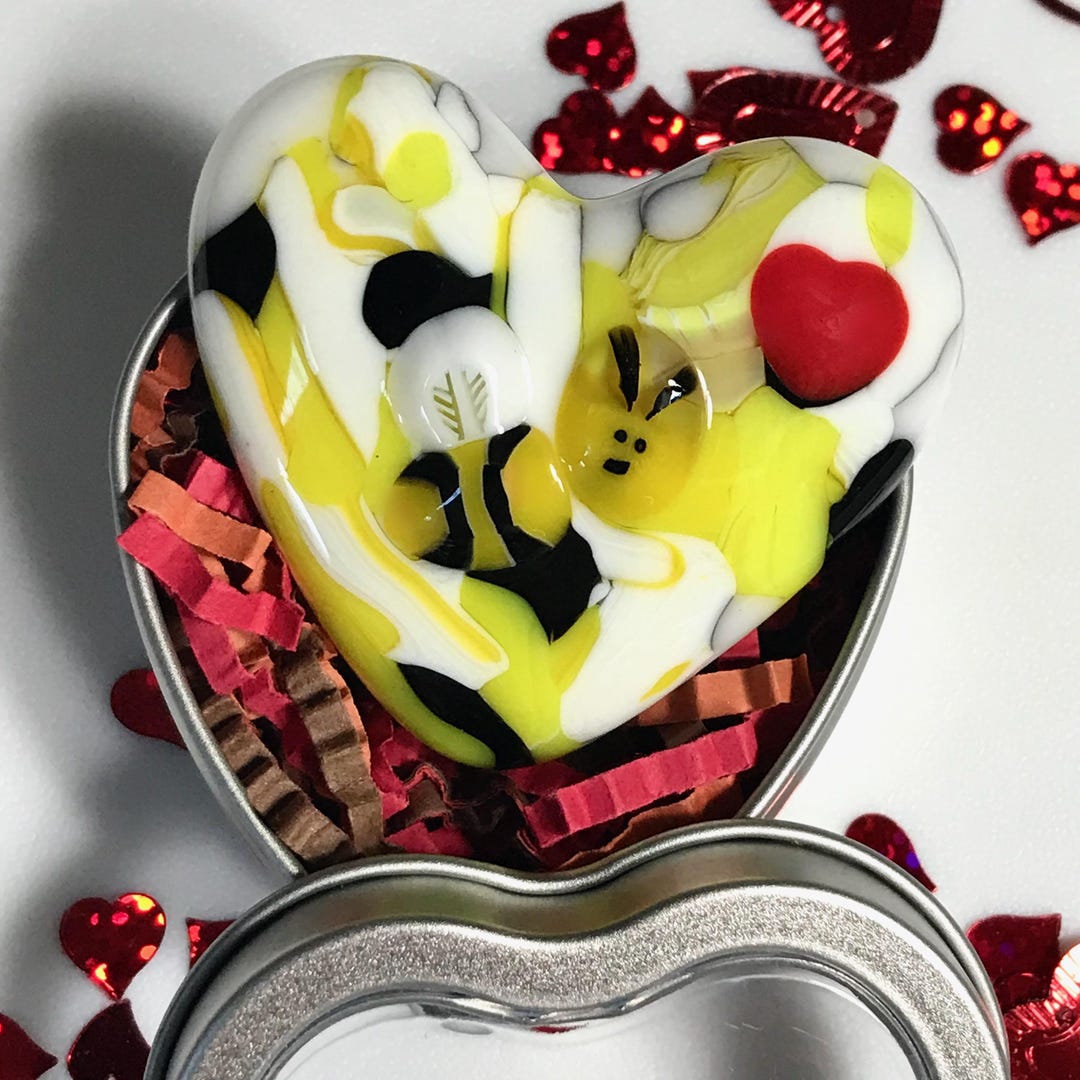 Honey Bee Fused Glass Pocket Heart: Sweetheart Gift Yellow Red White - Etsy