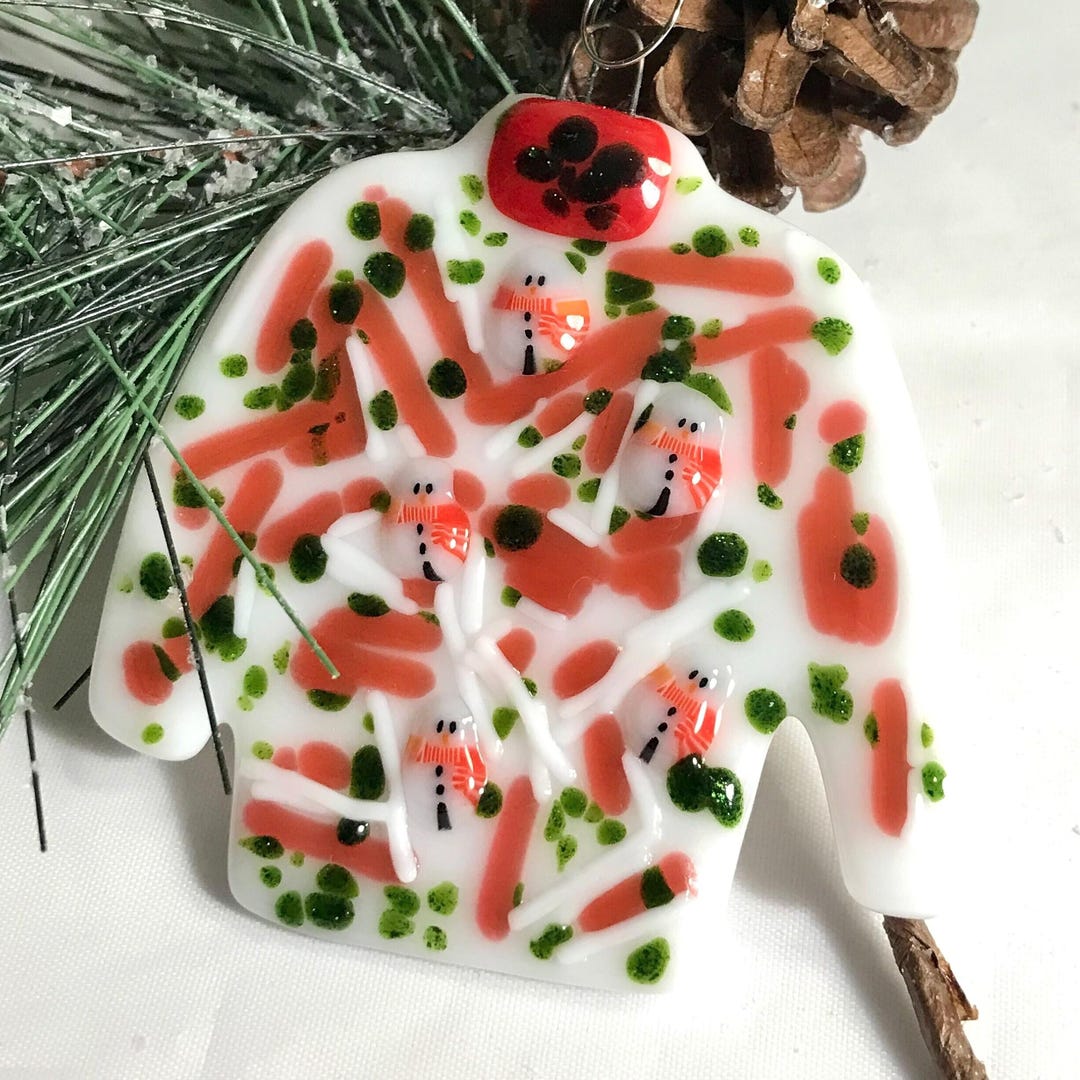 Christmas Ornament Fused Glass Ugly Sweater: Tree Decoration Snowmen ...
