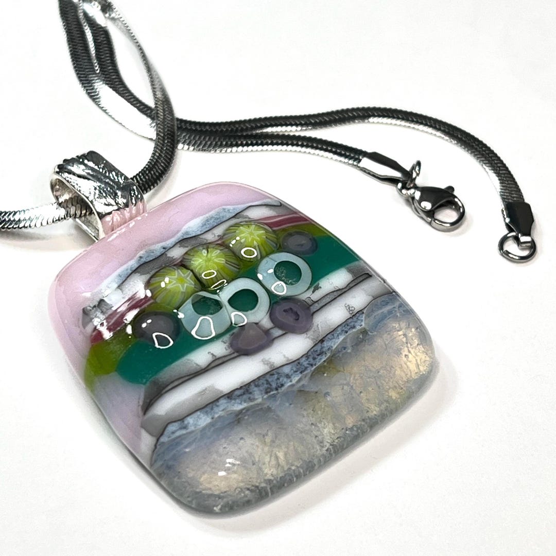 Large Bold Fused Glass Pendant Necklace Murrini Geometric Pink Green ...