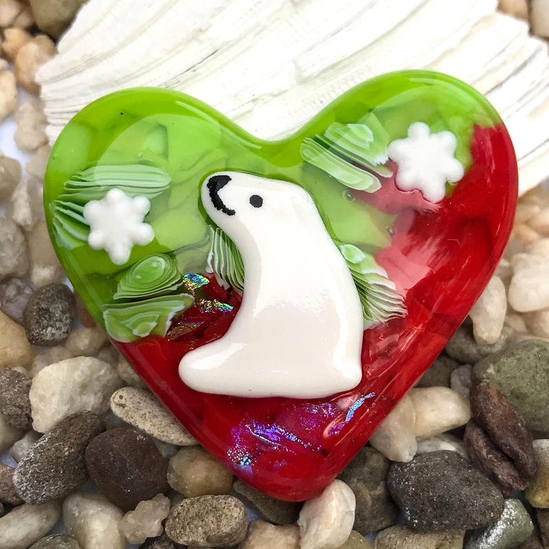 Fused Glass Christmas Holiday Heart Alaska Polar Bear: Red Green ...