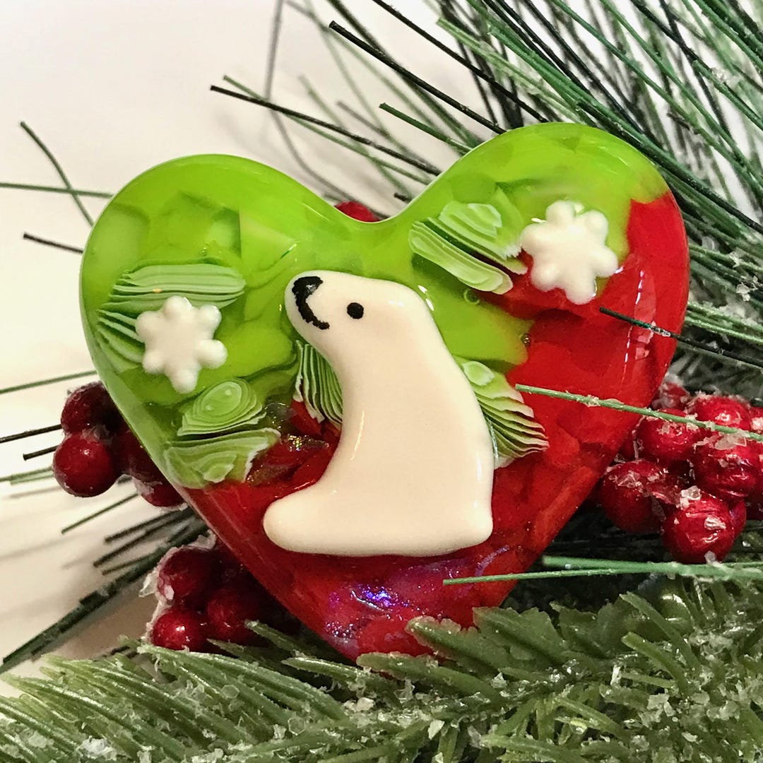 Fused Glass Christmas Holiday Heart Alaska Polar Bear: Red Green ...
