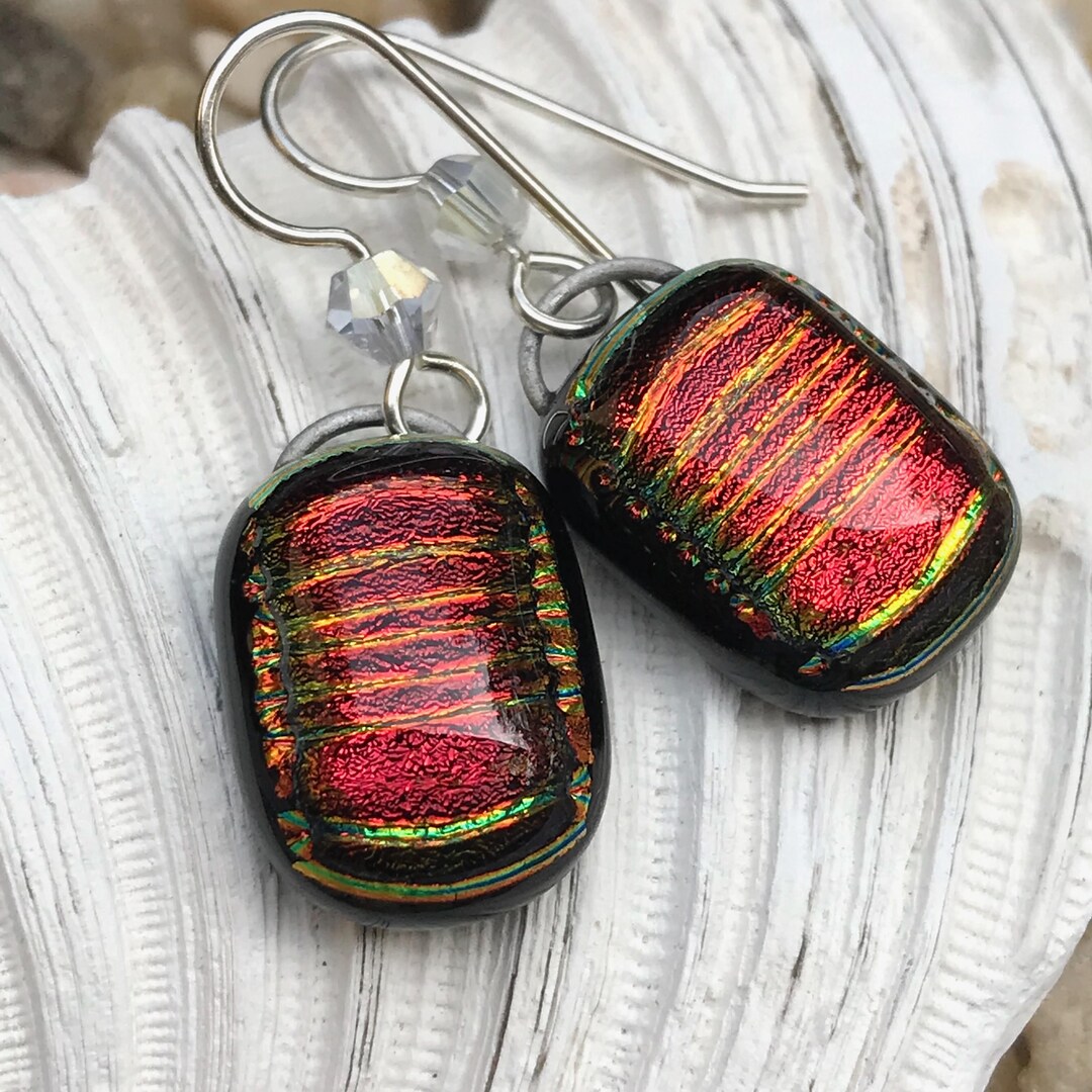Handmade Dichroic Glass Earrings: Orange Sparkle Sterling Silver - Etsy