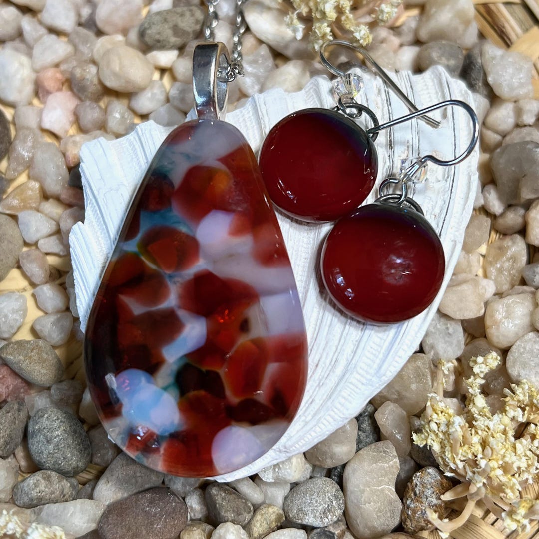 Ruby Red Pebble Necklace Fused Glass Jewelry: Colorful Matching Set ...