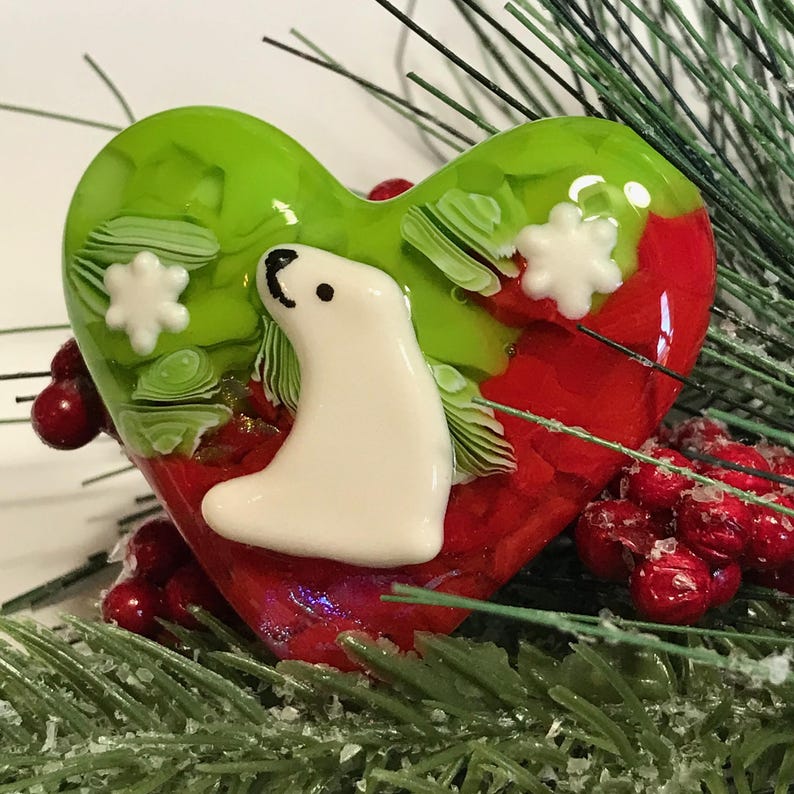 Fused Glass Christmas Holiday Heart Alaska Polar Bear: Red Green ...