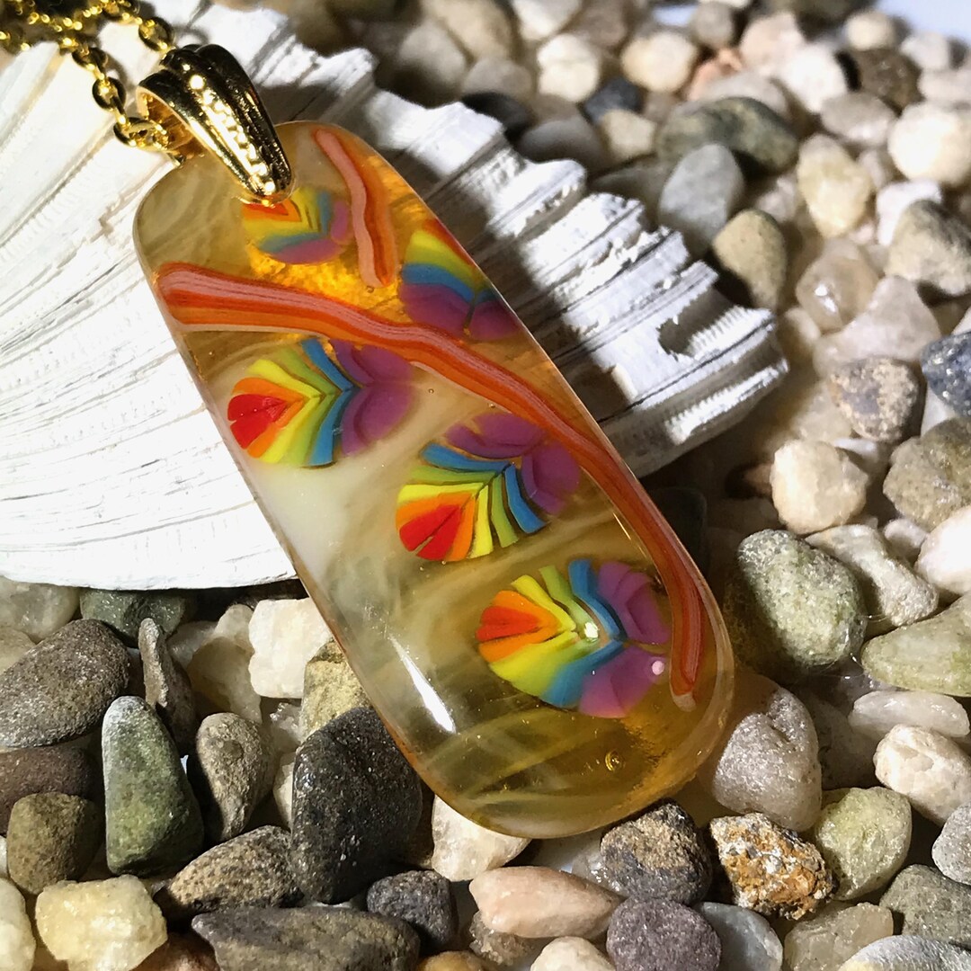 Rainbow Leaf Glow in the Dark Fused Glass Amber Pendant Necklace: Gold ...