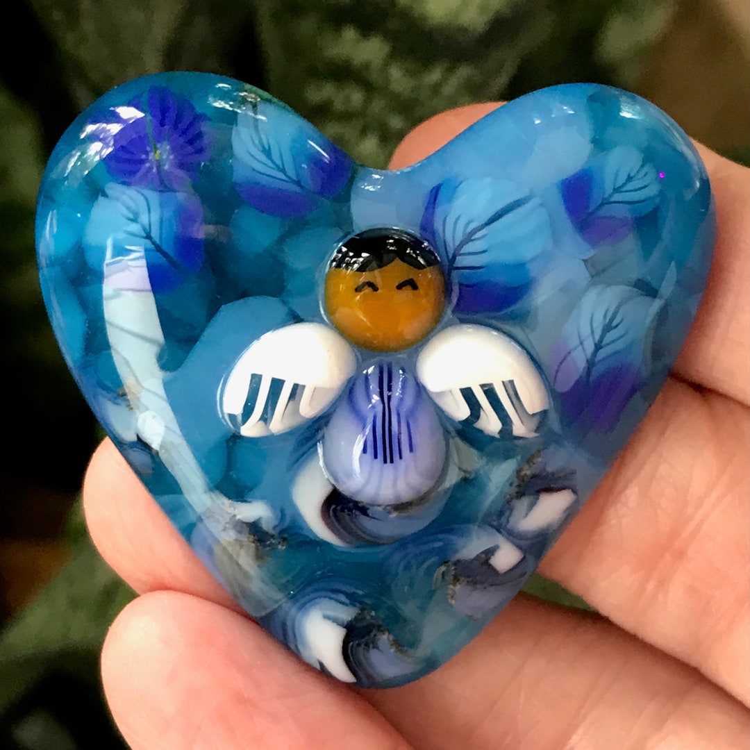 Glass Pocket Heart Angel Wings Women Girls Sister Large Blue Flower ...