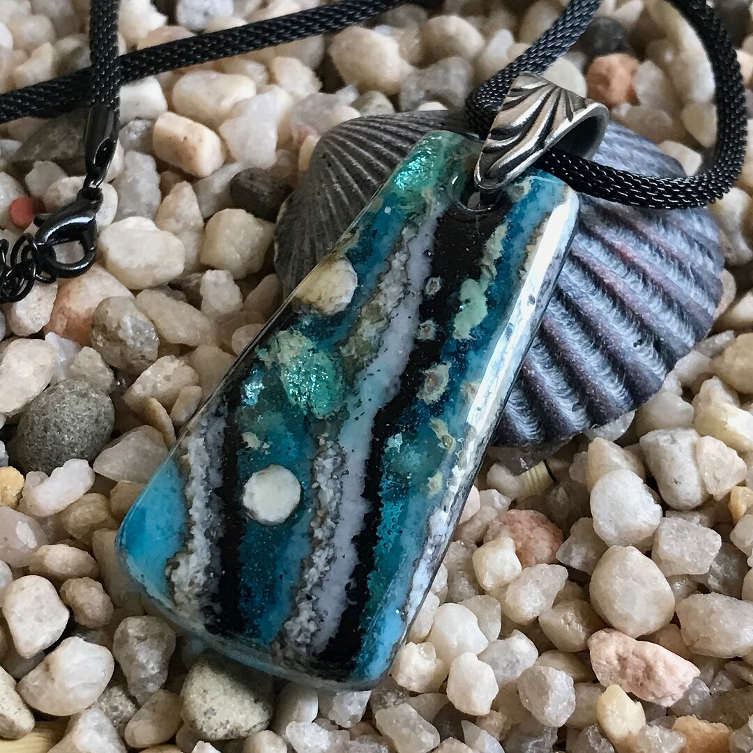 Fused Glass Statement Pendant Necklace Women Blue Tropical Ocean Wave ...