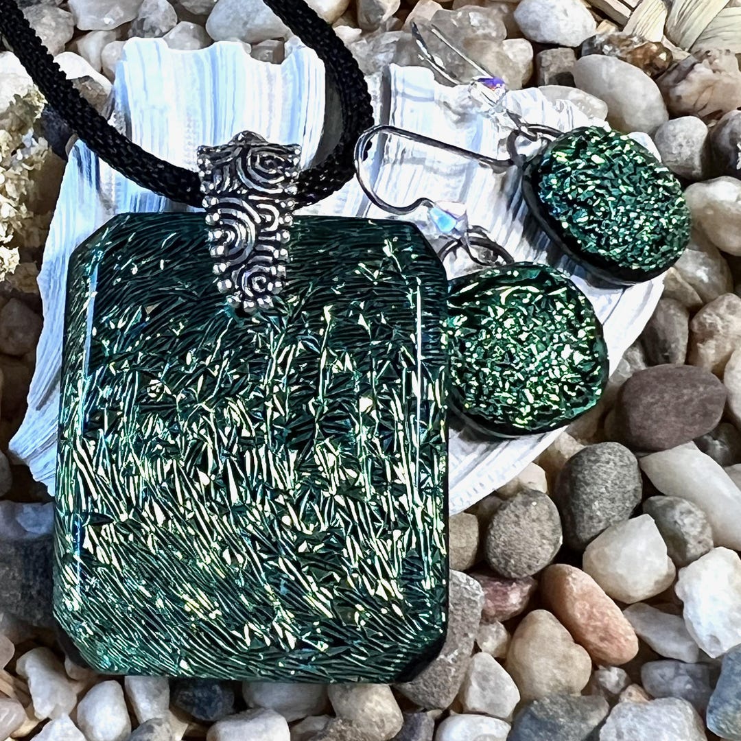 Matching SET Pendant Earrings Dichroic Fused Glass Green Crackle ...