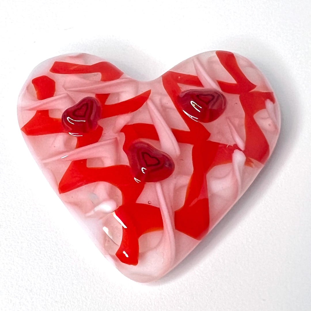 Fused Glass Pocket Heart Bright Red White Zigzag Murrini Romantic Hugs ...