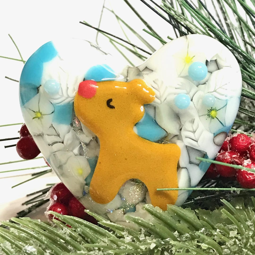 Rudolph Red Nose Reindeer Christmas Pocket Heart Blue Dichroic Winter ...