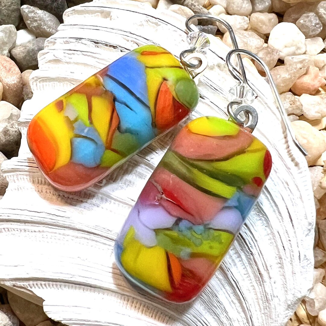Rainbow Earrings Jewelry Fused Glass Sterling Wires Salmon Blue Green ...