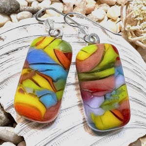 Rainbow Earrings Jewelry Fused Glass Sterling Wires Salmon Blue Green ...