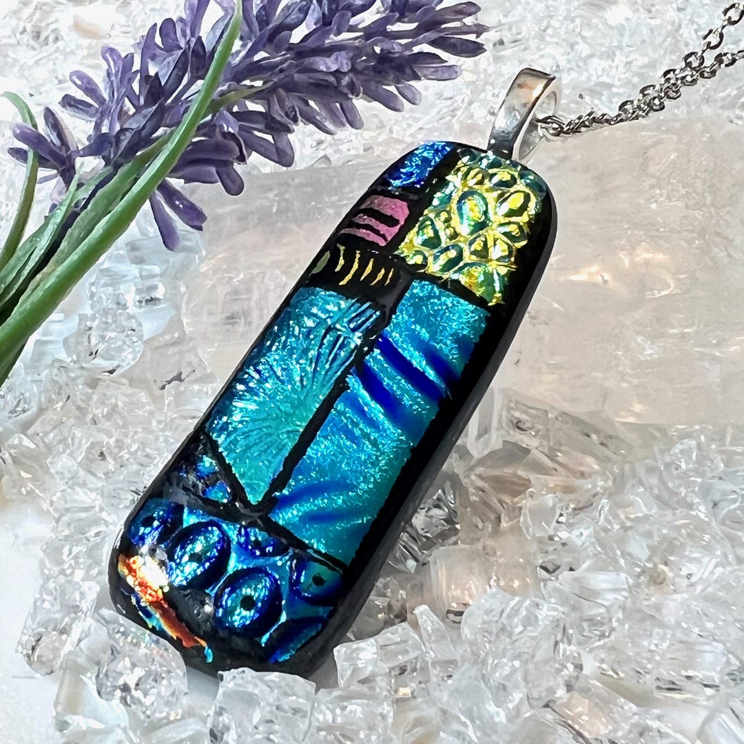 Dichroic Pendant Handmade Fused Glass: Etched Cobalt Blue Green Gold ...
