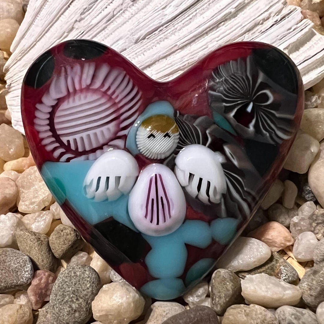 Fused Glass Wings Angel Pocket Heart Handmade: Burgundy Sky Blue Flower ...