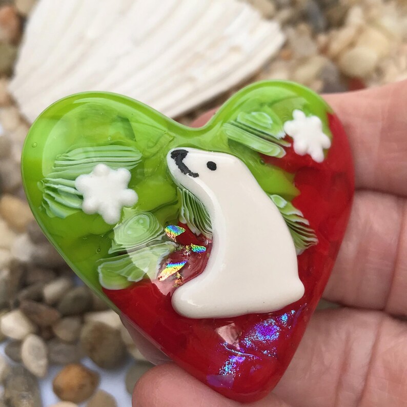 Fused Glass Christmas Holiday Heart Alaska Polar Bear: Red Green ...