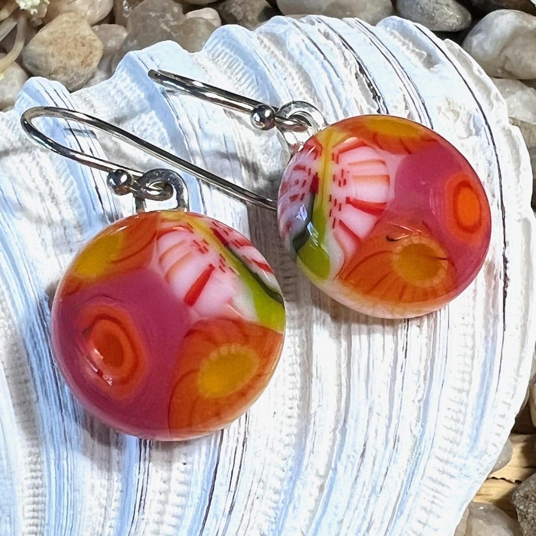 Dainty Tropical Flower Fused Glass Earrings Sterling Ear Wires: Pink ...