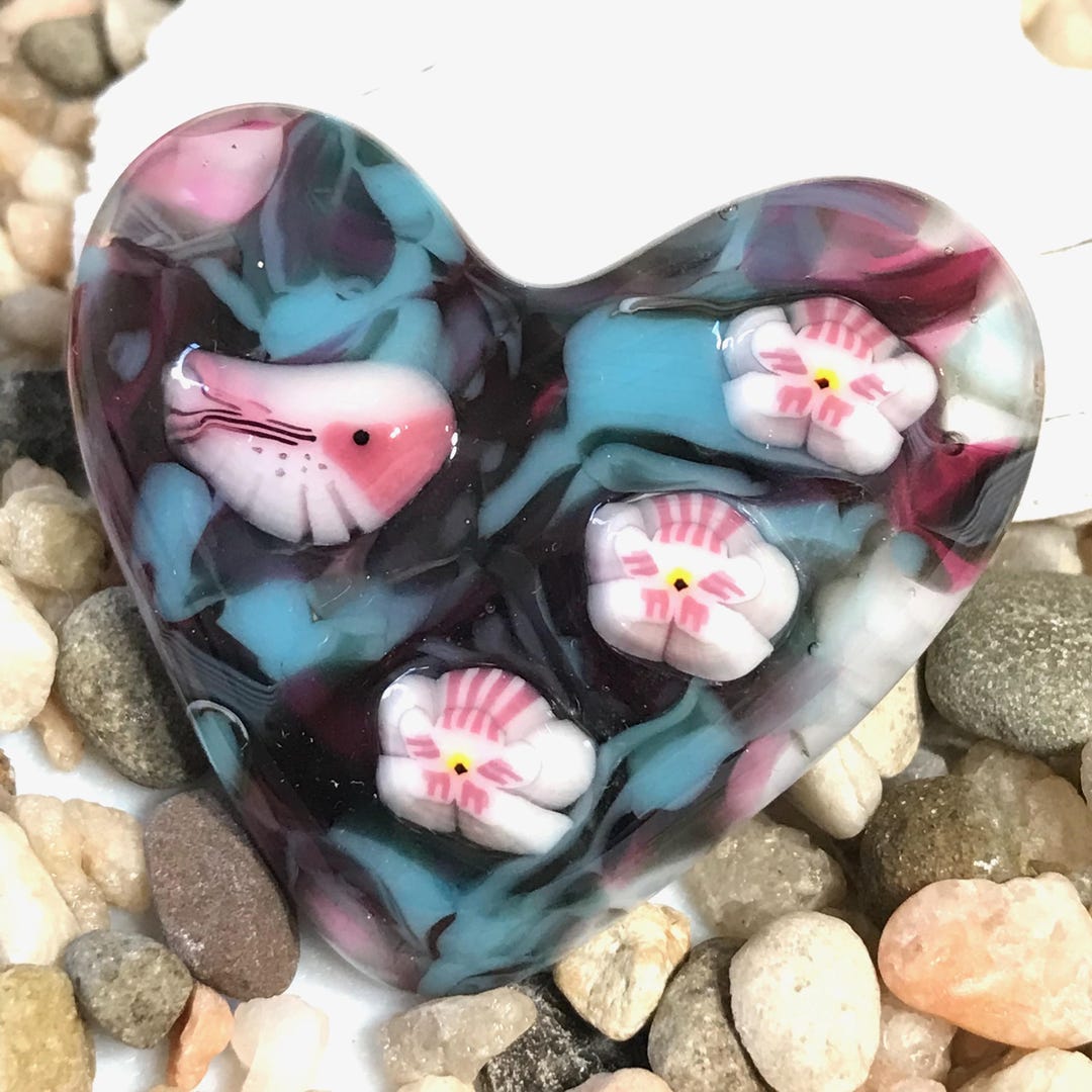 Birds Flowers Glass Pocket Heart Pink Pansies Gardening Handmade ...