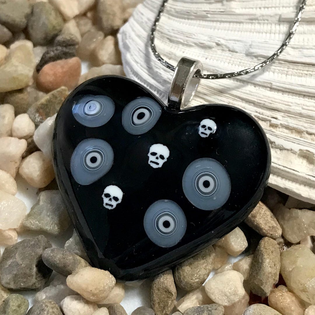 Fused Glass Skull Heart Necklace: Black Gothic Unisex Pendant Handmade ...