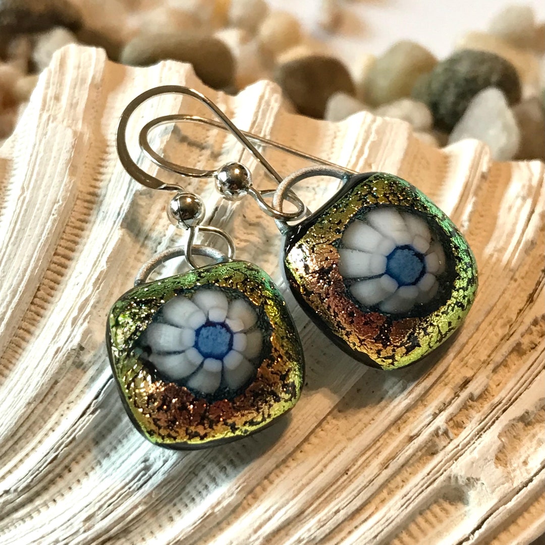 Dichroic Fused Glass Sterling Silver Earrings: Sparkly Daisy Flower ...