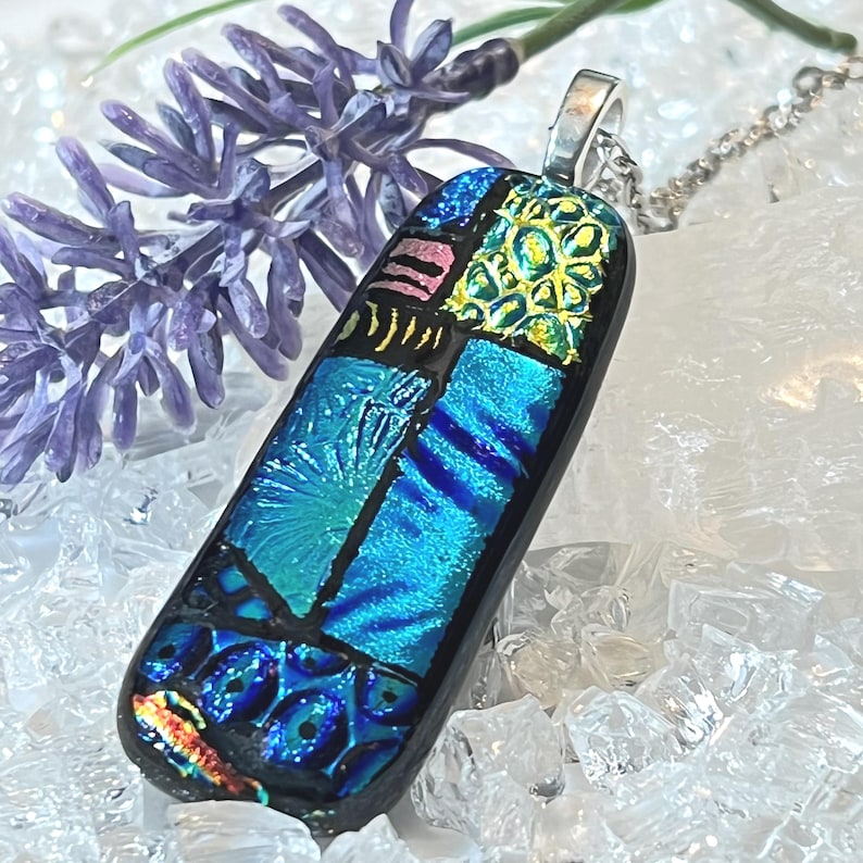 Dichroic Pendant Handmade Fused Glass: Etched Cobalt Blue Green Gold ...