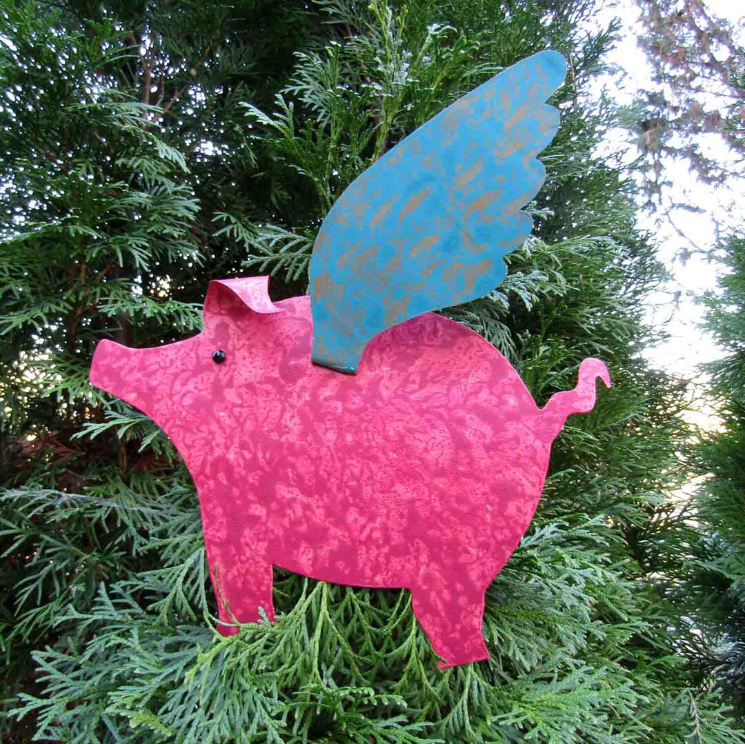 Flying Pig Christmas Tree Topper Metal Art When Pigs Fly Coral Magenta ...