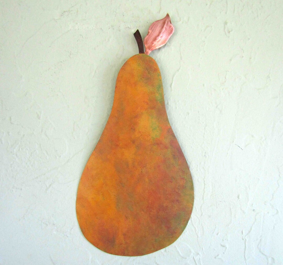 Pear Sculpture Metal Kitchen Art Recycled Steel Green Gold Yellow 7" X ...