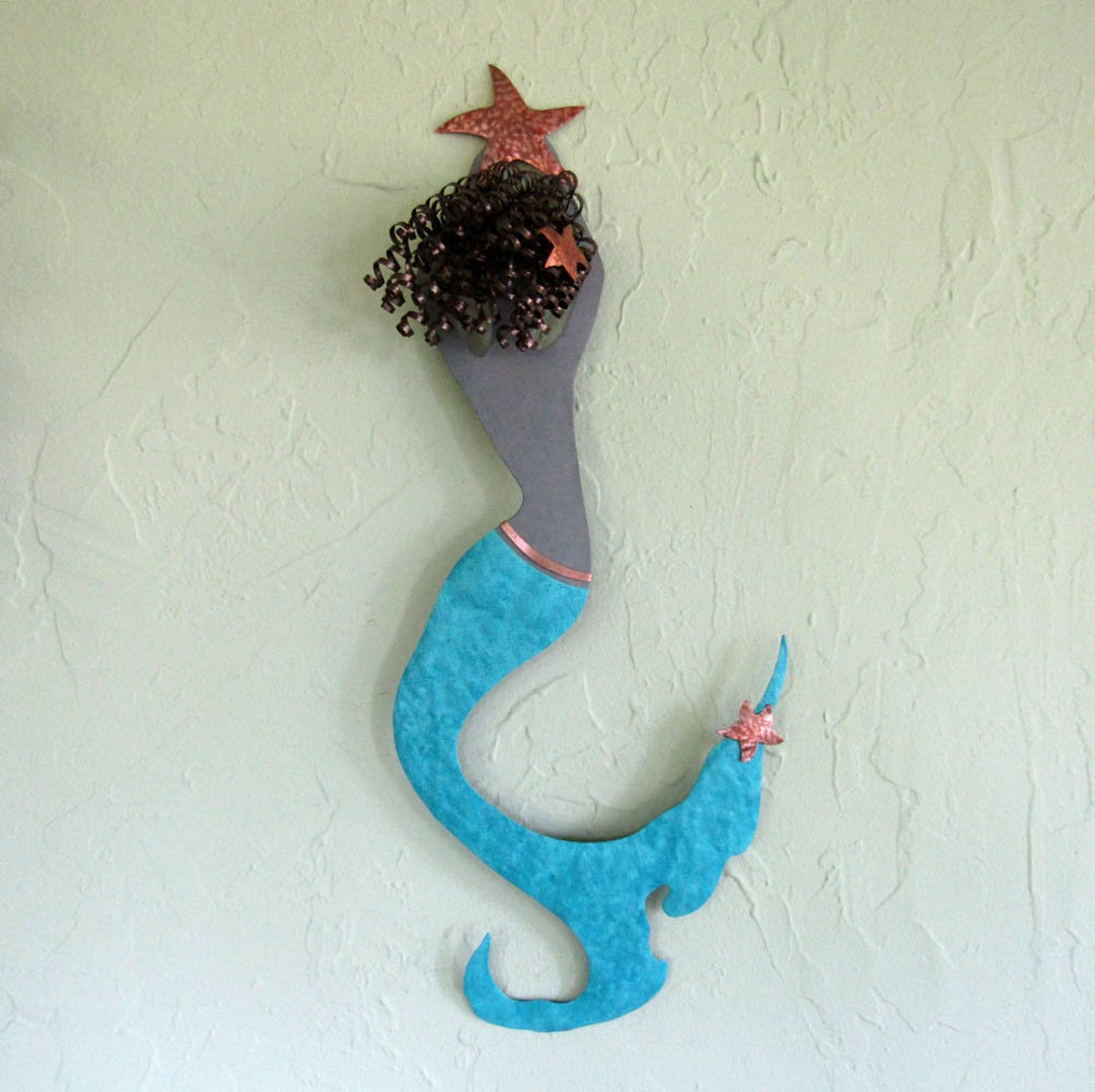 Mermaid Art Painted Metal Wall Sculpture Ocean Beach House Vertical ...