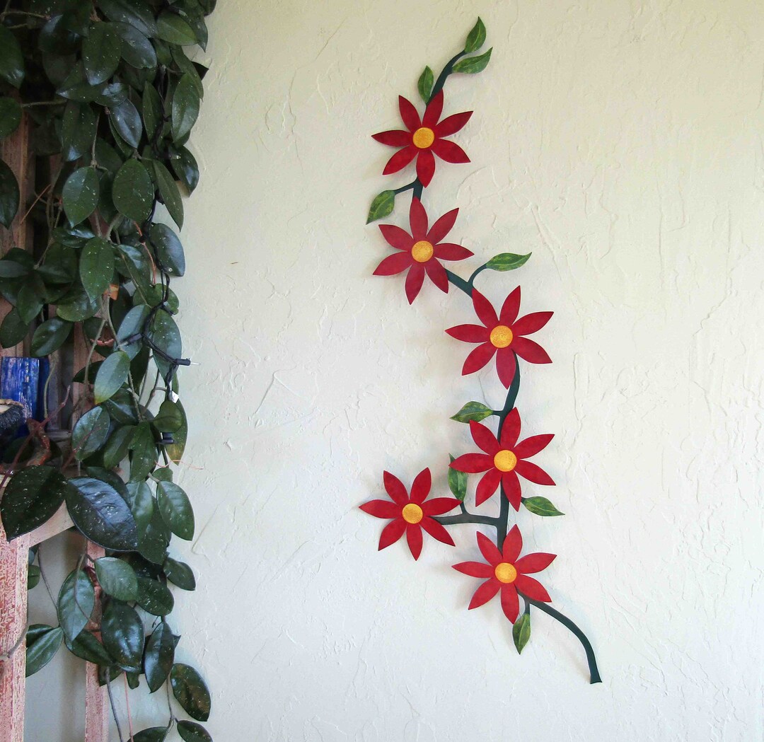 Upcycled Metal Flower Vine Wall Art: Red & Yellow Clematis Sculpture - Etsy