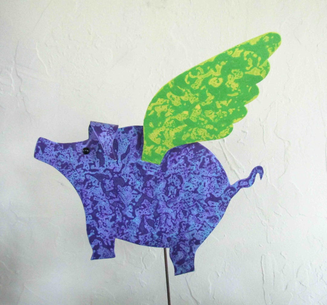 Flying Pig Stake Garden Art Purple Lime Green Metal Yard Art 9 X 11 ...