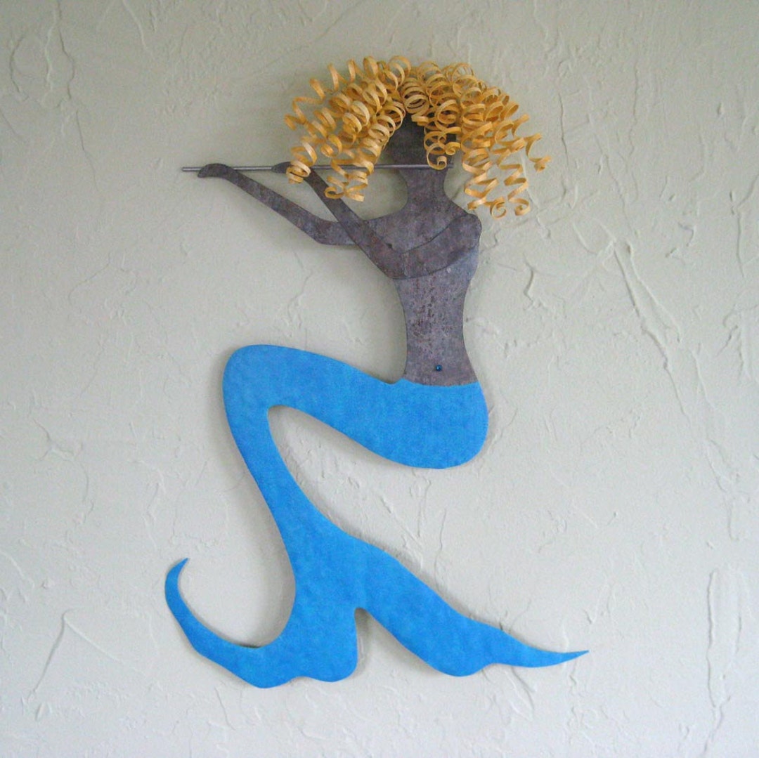 Mermaid Art Turquoise Blue Recycled Metal Wall Sculpture Flute Musician ...