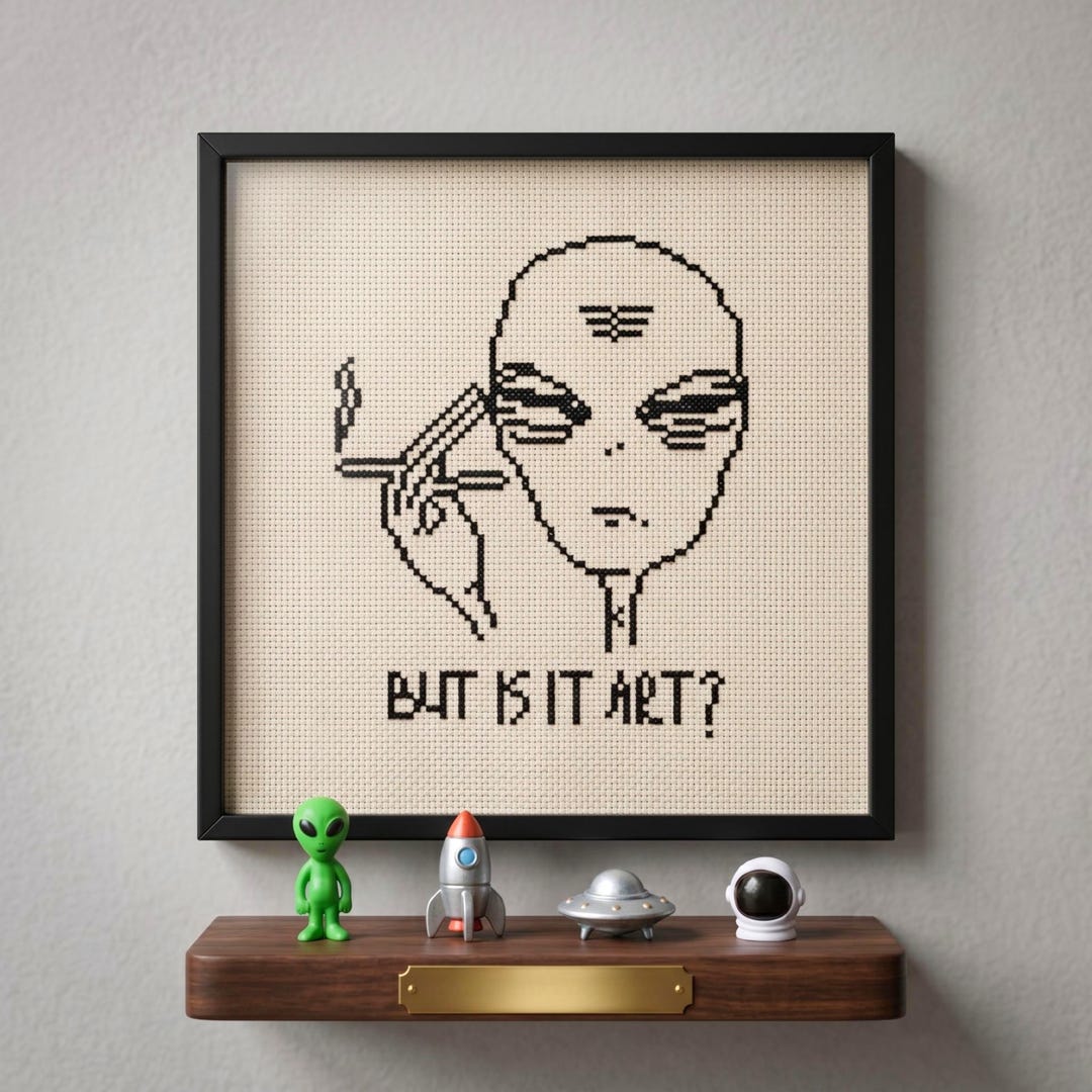 Funny Art Critic Alien Cross Stitch Pattern, Space Alien UFO Embroidery ...