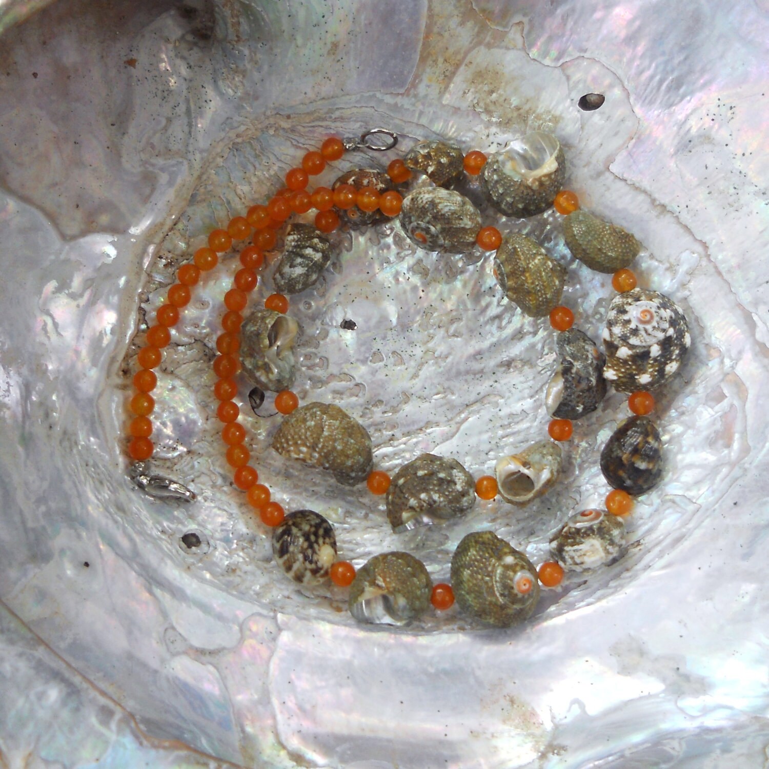 Green Shell Necklace With Orange Jade Beads Boho Beachy - Etsy