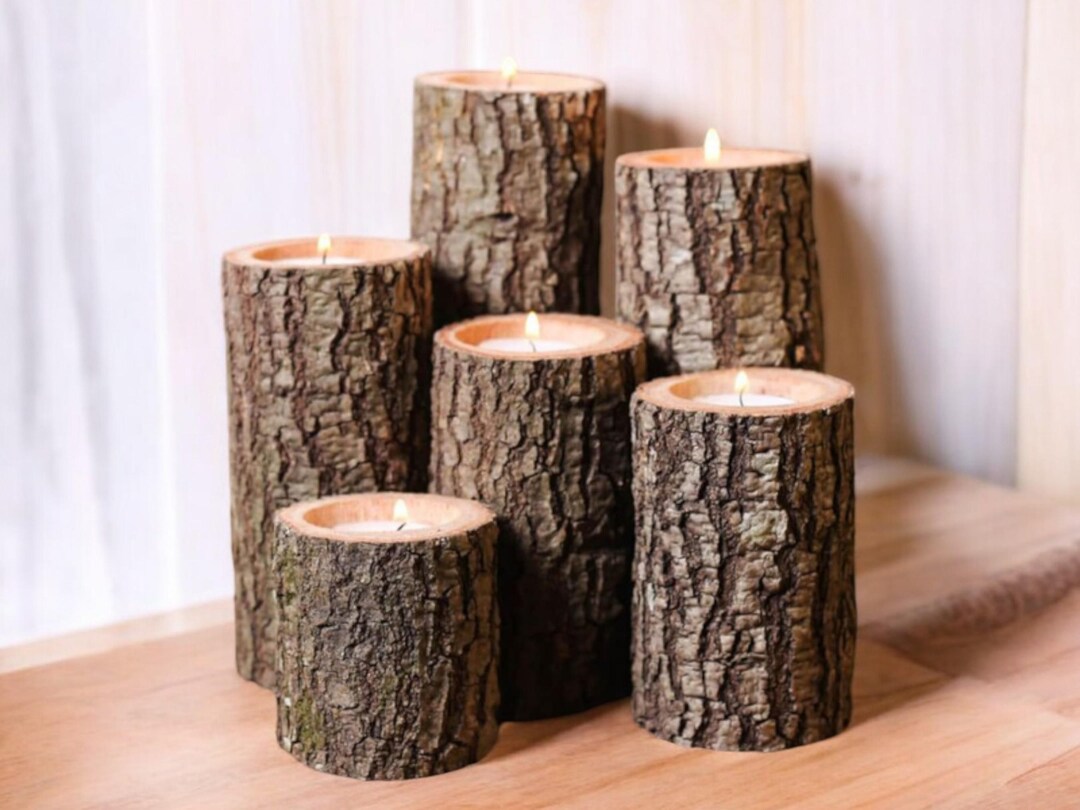 Rustic Log Candle Holders Set 6-piece Natural Wood Collection, Unique ...