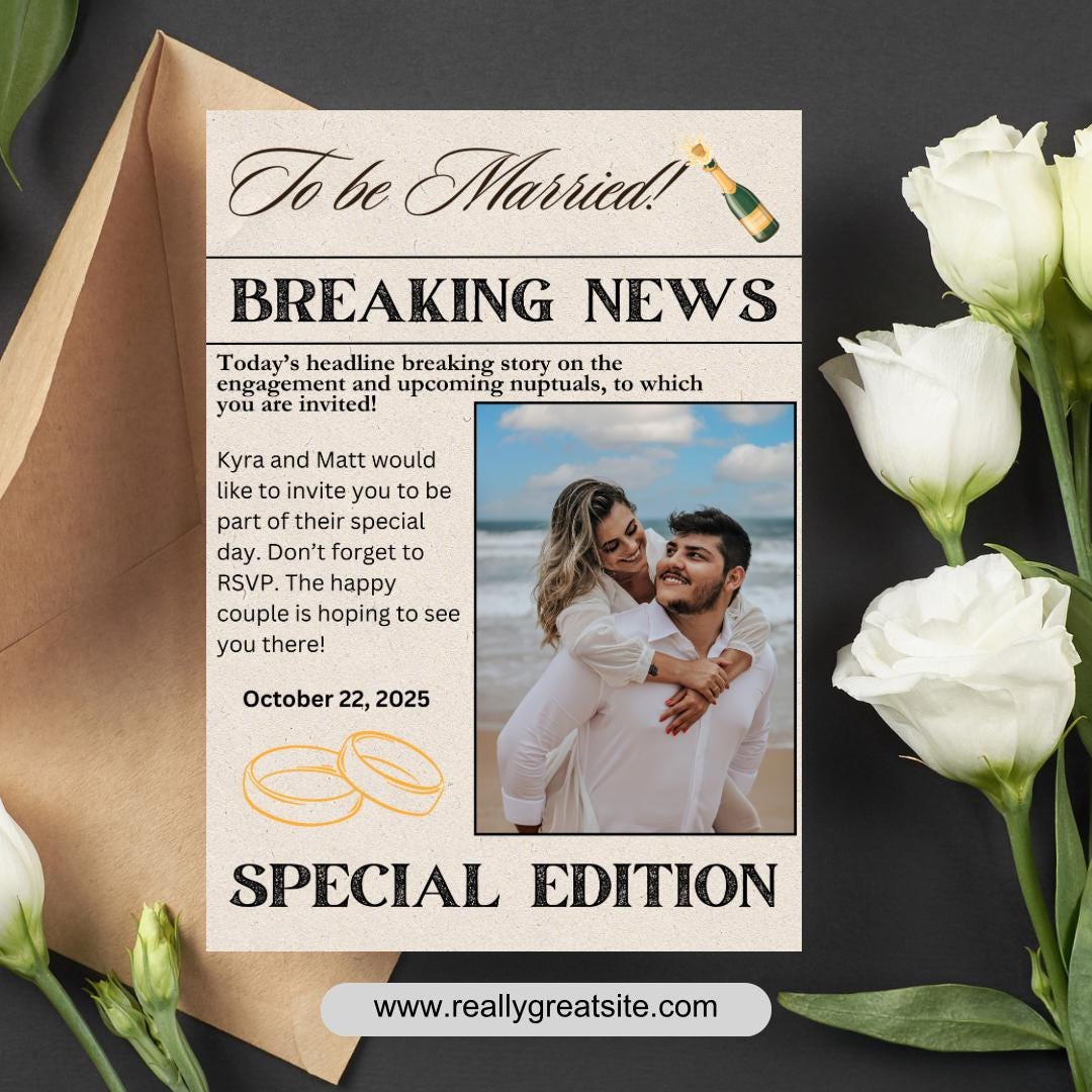 Vintage Style Wedding Invitation Customizable Couple Newspaper Headline ...