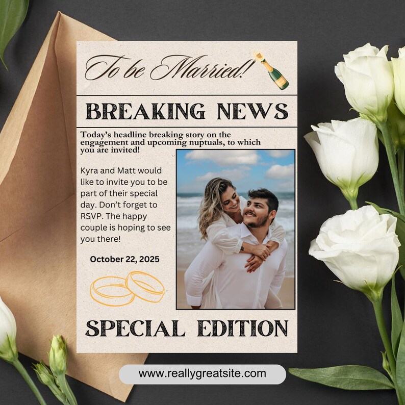 Vintage Style Wedding Invitation Customizable Couple Newspaper Headline ...