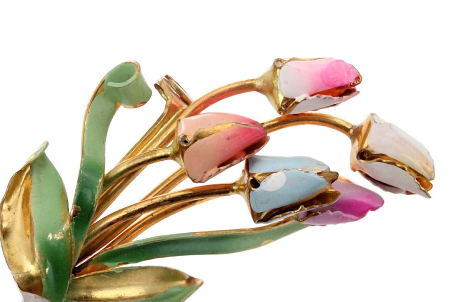 Vintage Antique Austrian Brooch Pin Enameled Pastel Tulips Flowers - Etsy