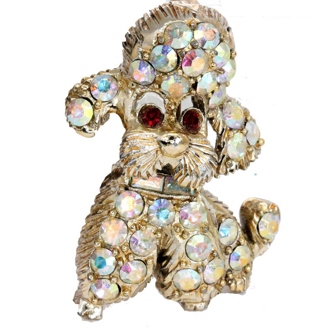 Larger Poodle Dog Pin With Goldtone & Rhinestones - Signed PELL - Etsy
