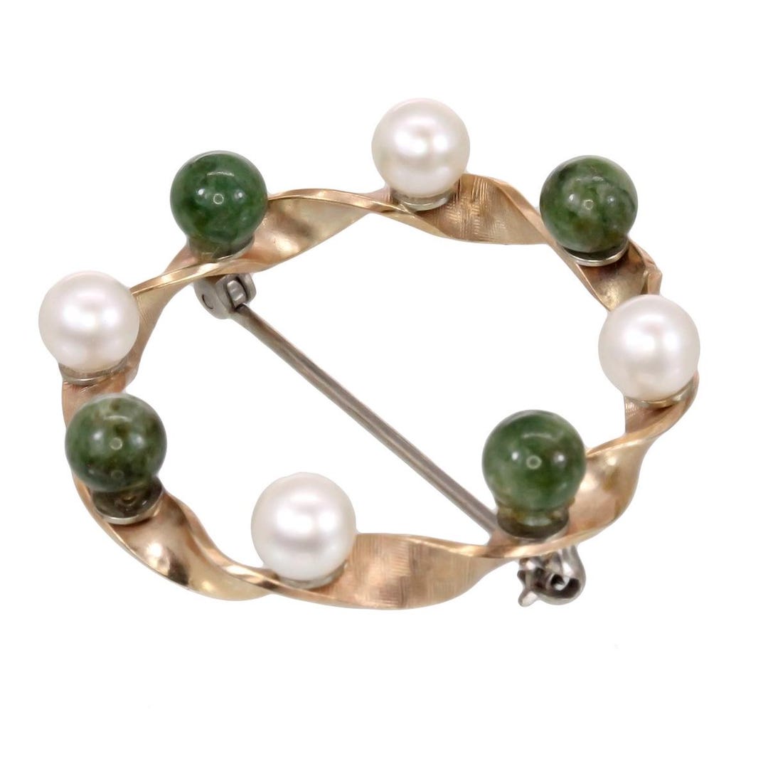 1960s Real Jade and Pearl Circle Pin, Gold Plated Metal, Excellent ...