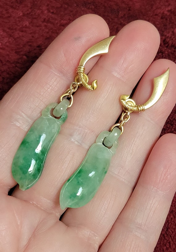 Jade And 14k Gold Earrings, Gold Sword And Green Jade… - Gem