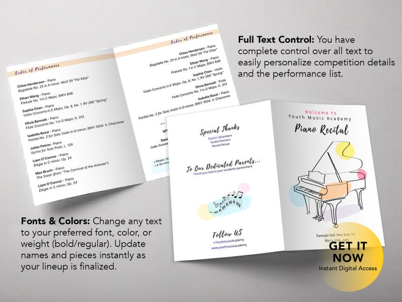 Editable Piano Recital Program Template | Music Teacher Canva Design ...