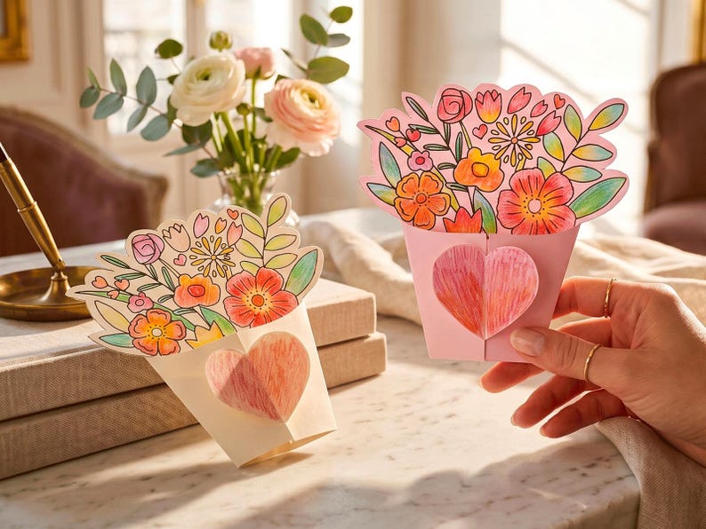 Mother's Day Pop up Flower Bouquet Card Craft Template (digital ...