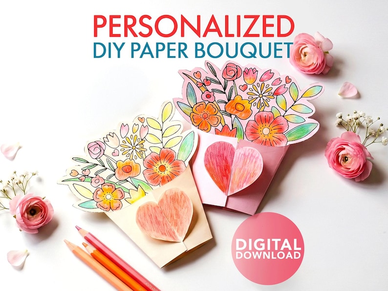 Mother's Day Pop up Flower Bouquet Card Craft Template (digital ...