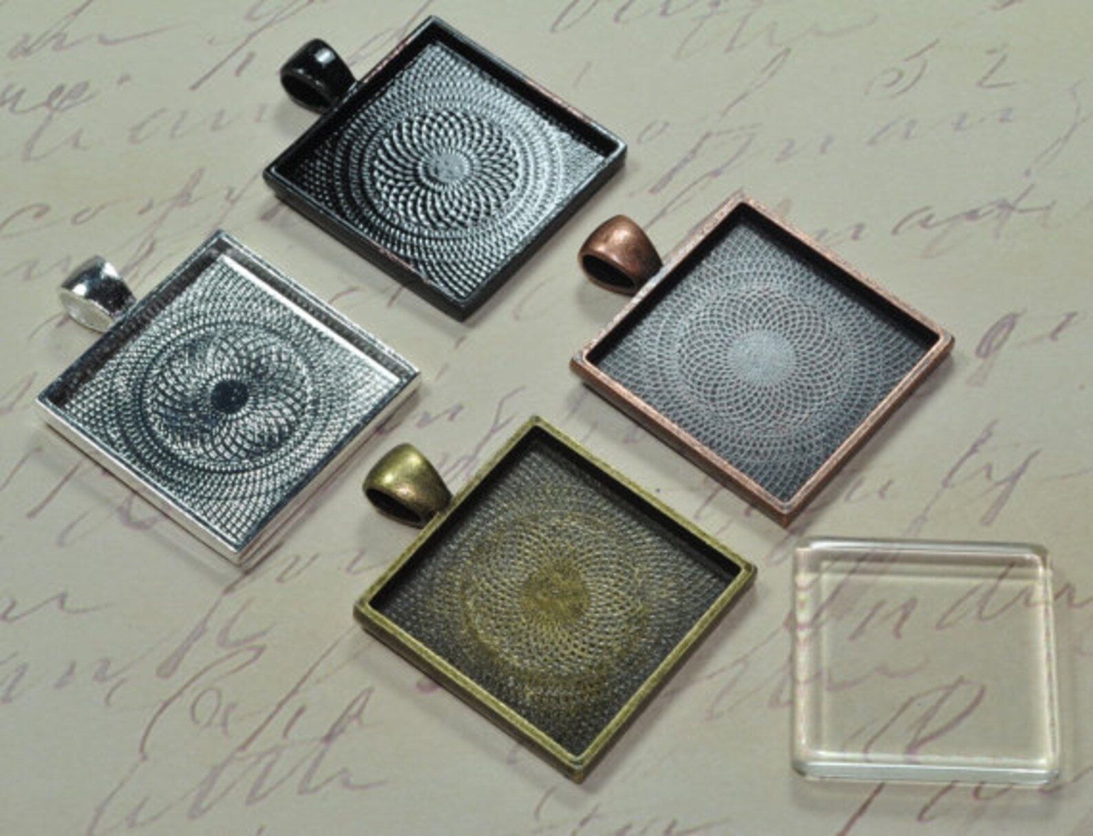 10 Pcs 25mm Square Pendant 1 Inch Trays With 10 Flat Glass Squares Ant ...