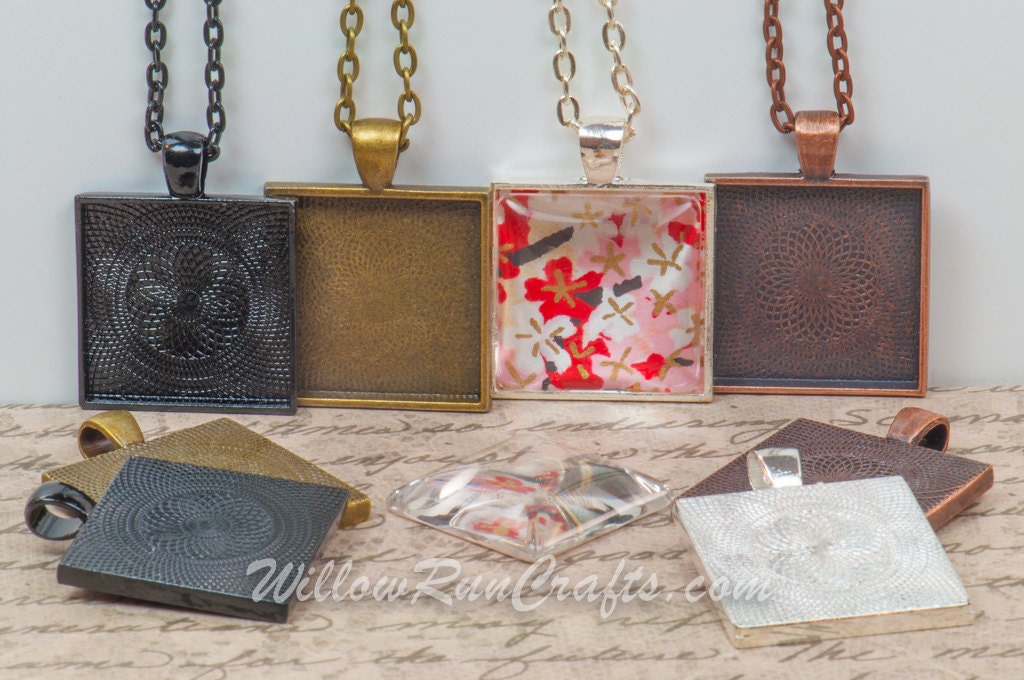 50 DIY Pendant Necklace Kits, 25mm Square Pendant Trays With Glass and ...