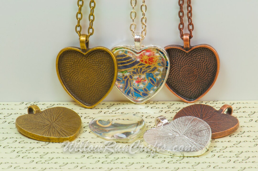 10 DIY Pendant Kits, Make 25mm Heart Pendant Trays With Glass and Chain ...
