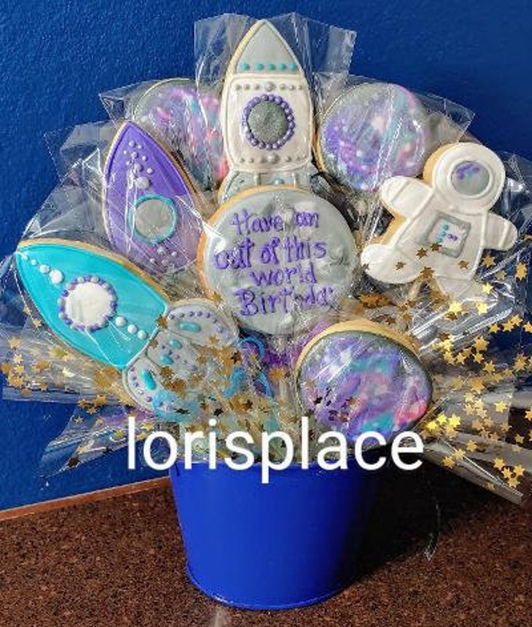Outer Space Cookie Bouquet - Outer Space Birthday Bouquet - 8 Cookies ...