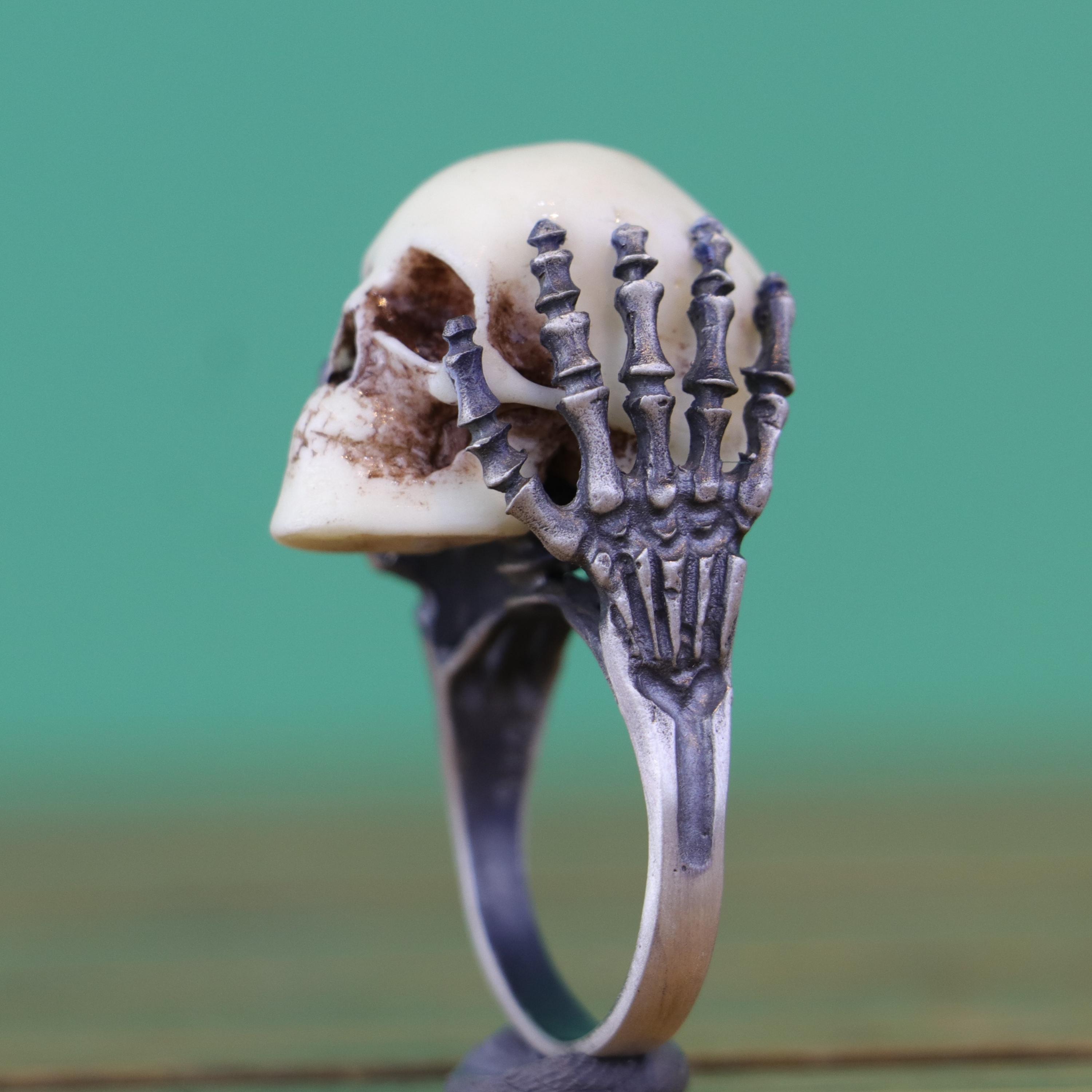 Marble & Bronze Skull Ring, Memento Mori Jewelry, Men Bronze Ring, Skull Jewelry, Bone Skull ...