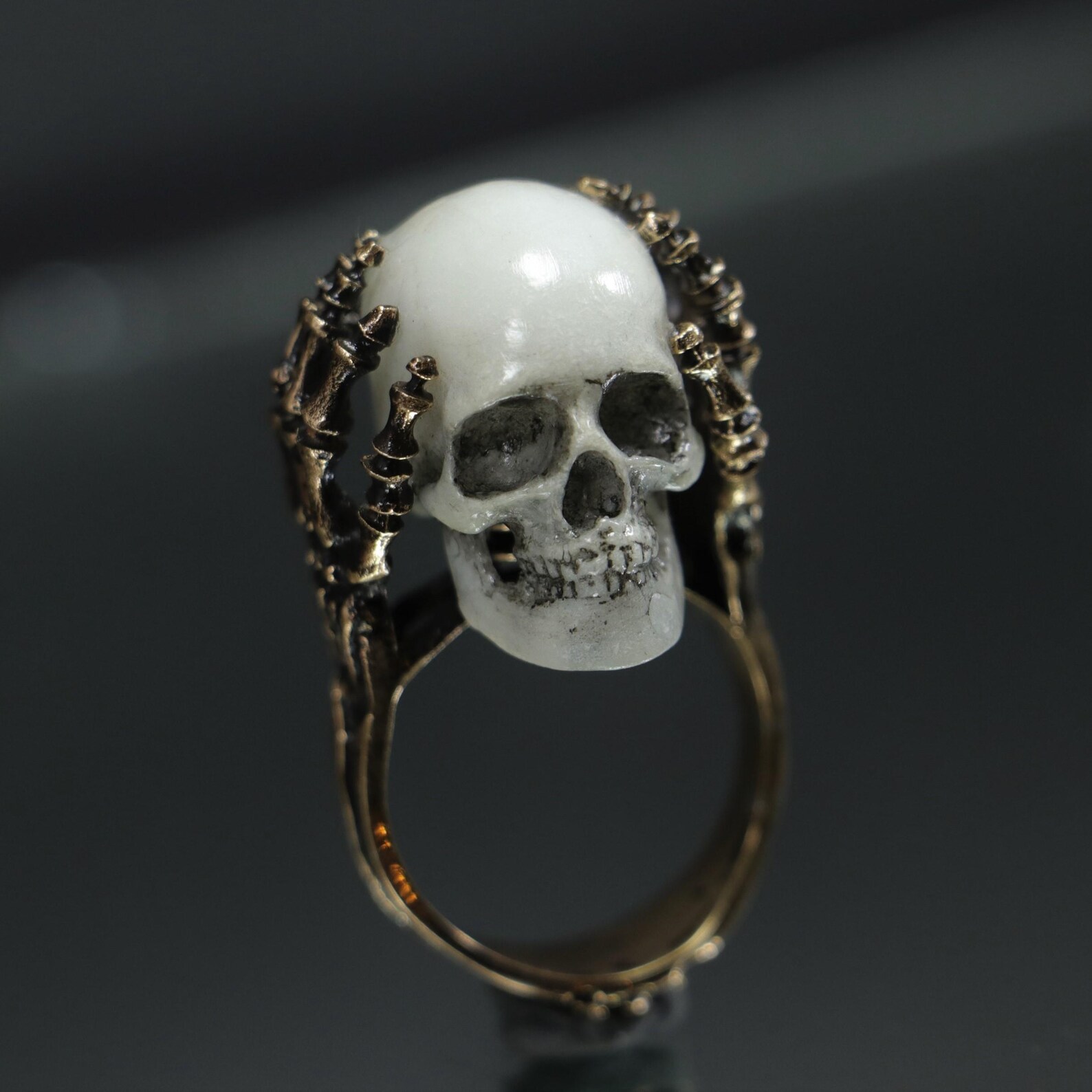 Marble & Bronze Skull Ring, Memento Mori Jewelry, Men Bronze Ring, Skull Jewelry, Bone Skull ...