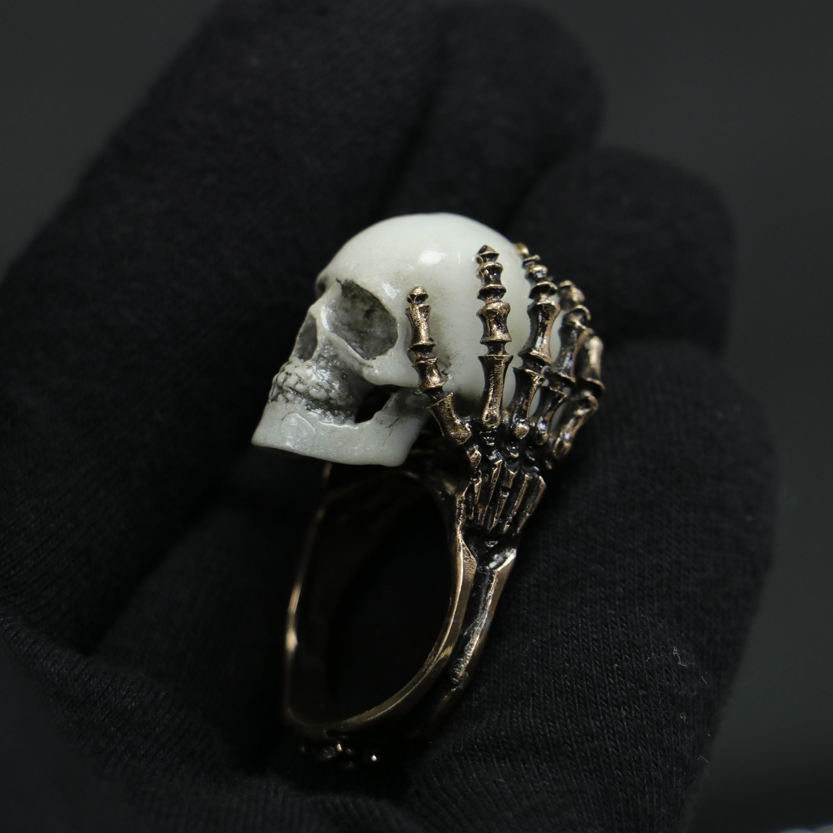 Marble & Bronze Skull Ring, Memento Mori Jewelry, Men Bronze Ring, Skull Jewelry, Bone Skull ...