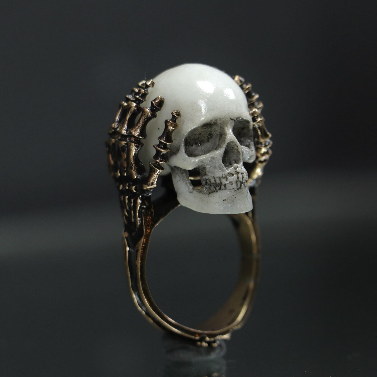 Marble & Bronze Skull Ring, Memento Mori Jewelry, Men Bronze Ring, Skull Jewelry, Bone Skull ...